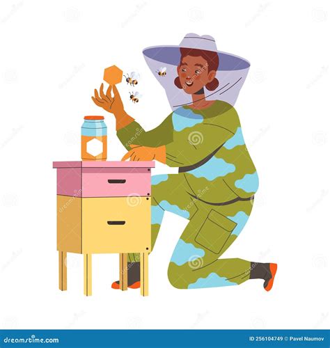 Equipped Woman Beekeeper Or Apiarist Gathering Sweet Honey From Beehive