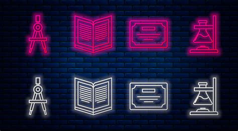 설정 라인 열기 책 인증서 템플릿 드로잉 나침반 및 유리 시험관 플라스크 화재 벽돌 벽에 빛나는 네온 아이콘입니다 벡터 계획에 대한 스톡 벡터 아트 및 기타 이미지 Istock