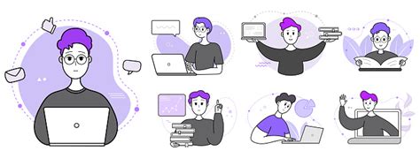 컴퓨터로 일하는 젊은이 프리랜서 또는 학생 학교 온라인 과정 교육 세미나로 돌아가기 위한 벡터 그림입니다 개념에 대한 스톡 벡터 아트 및 기타 이미지 Istock