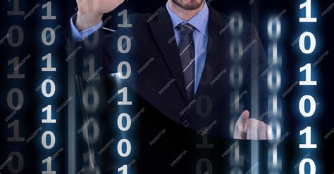 Premium Photo Animation Of Binary Coding And Data Processing Over Businessman Touching Screen