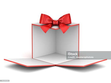 빈 디스플레이 선물 상자 배경 제품 또는 선물 상자 쇼케이스 빨간 리본 활 오프닝 그림자 3d 렌더링으로 흰색 배경에 고립 3차원 형태에 대한 스톡 사진 및 기타 이미지