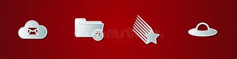 Set Cloud Mail Server Unknown Directory Falling Star And Ufo Flying Spaceship Icon Vector