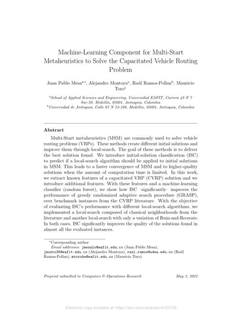Pdf Machine Learning Component For Multi Start Metaheuristics To