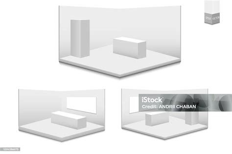 3d 전시 스탠드 세트 책상이 있는 흰색 빈 광고 스탠드 벡터 흰색 빈 기하학적 사각형입니다 회의실 프리젠 테이션 빈 템플릿 0