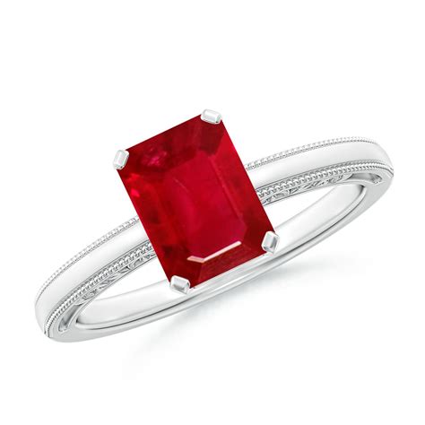 Emerald Cut Ruby Solitaire Ring With Milgrain