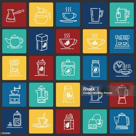 차와 커피 색상 사각형 배경 그래픽 및 웹 디자인 현대 간단한 벡터 기호에 설정 아이콘을 설명 합니다 인터넷 개념입니다 웹사이트 디자인 웹 버튼 또는 모바일 애플 리 케이