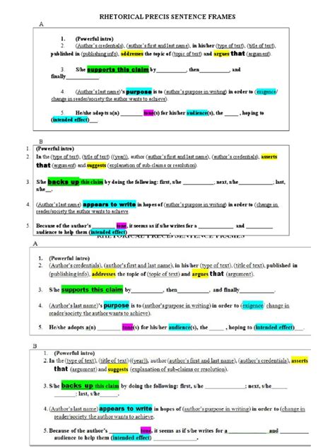 Rhetorical Precis Sentence Frames Pdf
