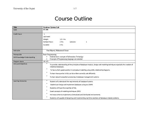 IT 244 Database System Lab Course Outline Title Database Systems Lab