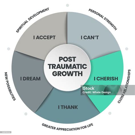외상 후 성장 인포 그래픽 템플릿 배너 벡터 아이콘에는 영적 개발 개인적인 힘 긴밀한 관계 삶에 대한 더 큰 감사와 새로운