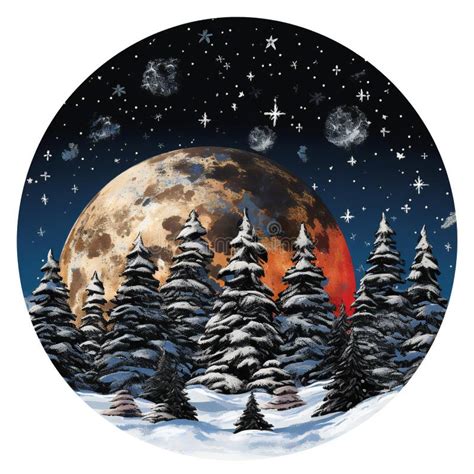 Winter Landscape With Moon Stars And Fir Trees Stock Illustration