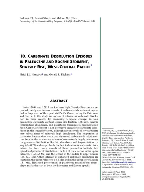 Carbonate Dissolution Episodes Wc Pacific Pdf Earth Sciences
