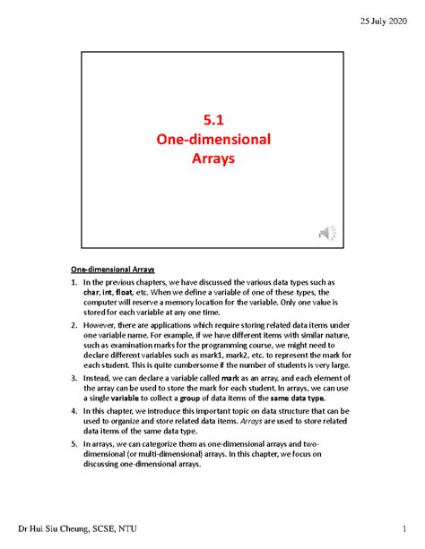1 D Arrays Lecture Notes 1 5 One‐dimensional Arrays One
