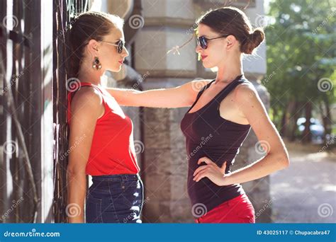 Two Beautiful Young Women Having Fun In The City Stock Image Image Of