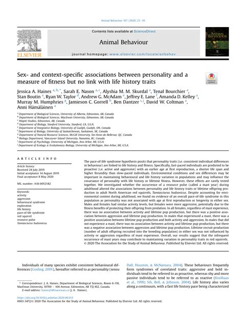 PDF Sex And Context Specific Associations Between Personality And A Measure Of Fitness But No
