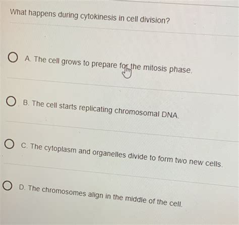 Solved What Happens During Cytokinesis In Cell Division A The Cell Grows To Prepare For The