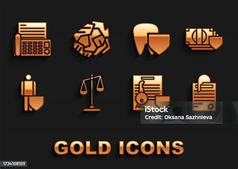 정의의 저울 방패가 있는 돈 파일 문서 및 종이 클립 문서 키 생명 보험 치아 팩스 및 구겨진 공 아이콘을 설정합니다 벡터 개념에 대한 스톡 벡터 아트 및 기타 이미지