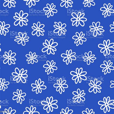 파란색 배경에 고립 된 작은 흰색 잉크 윤곽선 선형 꽃 귀여운 흑백 꽃 이음새가 없는 패턴 벡터 간단한 평면 그래픽 손으로 그린 그림 텍스처 갈란투스에 대한 스톡 벡터 아트