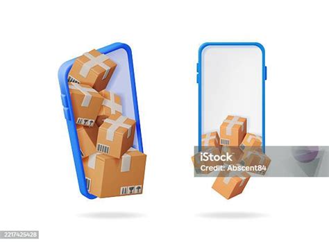 스마트 폰에서 나오는 골판지 상자는 온라인 배송 서비스의 개념을 표시합니다 전자 상거래 배송 그림 3차원 형태에 대한 스톡 벡터 아트 및 기타 이미지 Istock