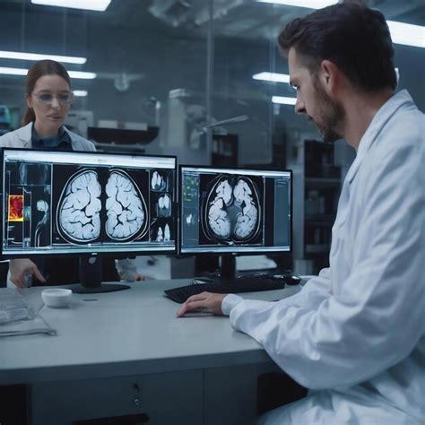 Premium Ai Image Researcher Looking At Monitor Analysing Brain Scan