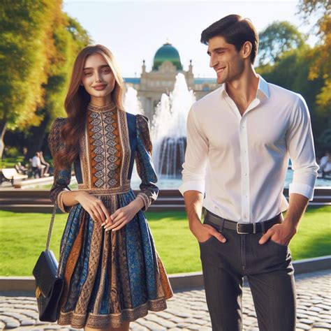 Azerbaijani Woman And Russian Man In Beautiful Park Multicultural