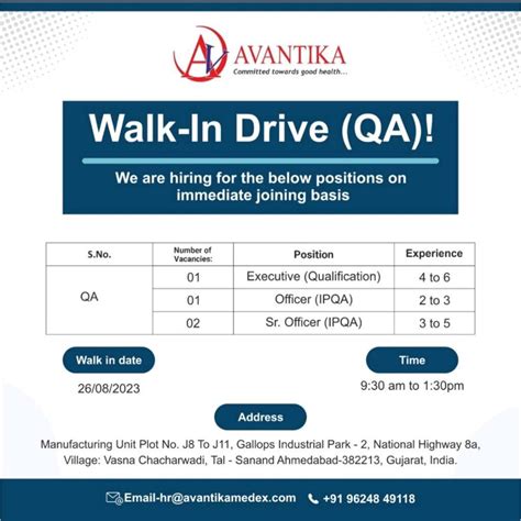 Avantika Walk In Drive On 26082023 For Quality Assurance Department