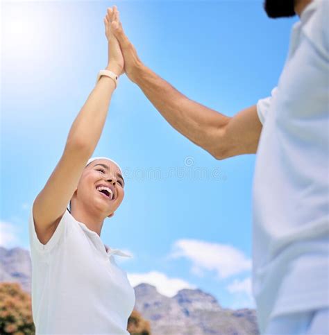 Couple High Five And Nature With Love Happy In Low Angle For Vacation