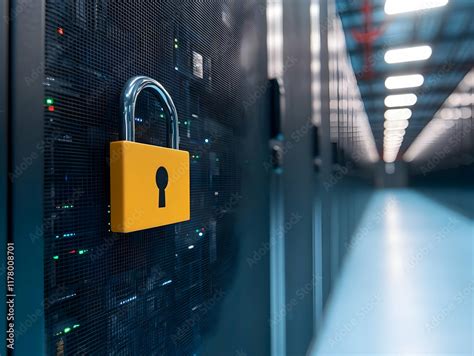 Yellow Padlock Secures Server Rack In Data Center Background Shows