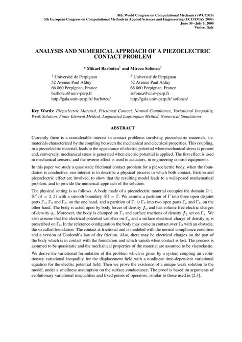Pdf Analysis And Numerical Approach Of A Piezoelectric Contact Problem
