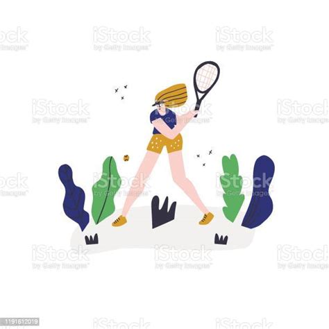 여자 놀이 테니스 외부 플랫 벡터 일러스트 공원에서 라켓을 가진 스포츠 우먼 스포츠 게임 프로 플레이어 만화 캐릭터 백핸드 샷 젊은 손 그린 스포티 한 소녀 고립 에 화이트