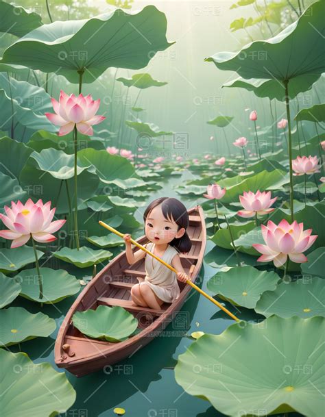 16ai数字艺术 湖面上漂浮着大量的荷叶坐在船上的小女孩 Ai立体元素免费下载png格式2688像素编号70798853 千图网