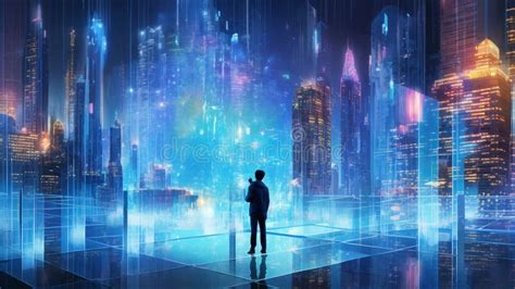 a dynamic hologram shifts through a myriad of digital landscapes â€“ from a bustling digital