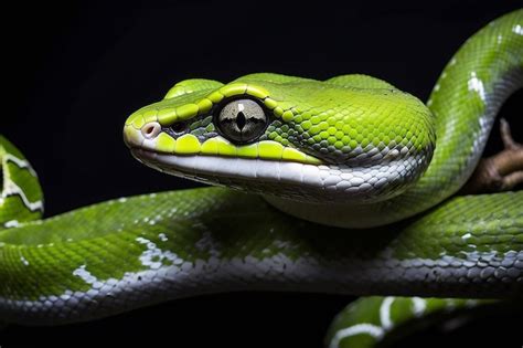 Green Tree Python Juvenile Closeup On Branch With Black Background Green Tree Python Morelia