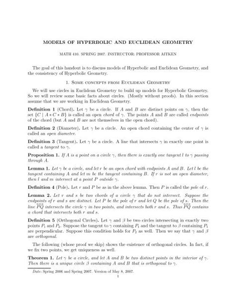 Models Of Hyperbolic And Euclidean Geometry The