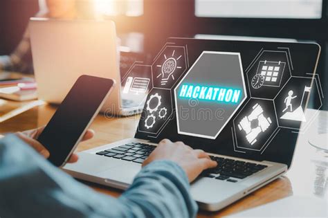 Hackathon Technology Programming Startup Concept Person Using Laptop Computer On Desk With