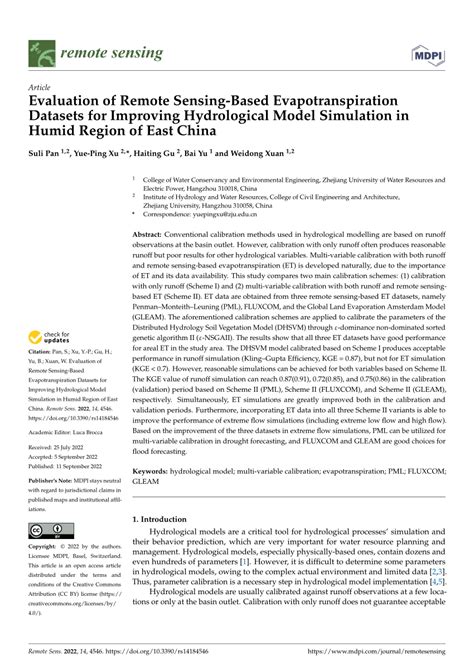 Pdf Evaluation Of Remote Sensing Based Evapotranspiration Datasets For Improving Hydrological