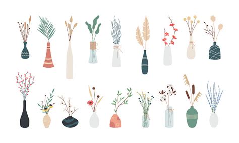 허브 열대 잎 꽃이 피는 꽃병으로 꽃다발 세트 다양한 모양과 색상의 유리 세라믹 현대 화병 장식 꽃 디자인 요소 벡터 일러스트레이션 말린 식물에 대한 스톡 벡터 아트 및