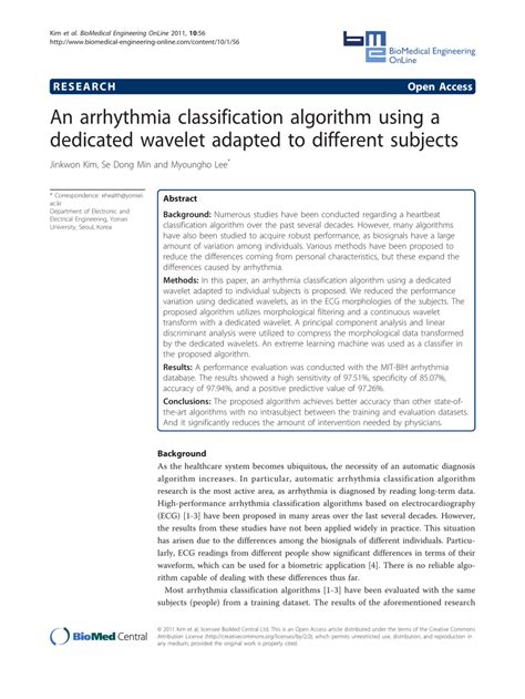 Pdf An Arrhythmia Classification Algorithm Using A Dedicated Wavelet Adapted To Different Subjects