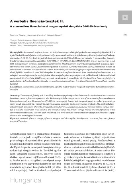 Pdf Verbal Fluency Tasks Ii Investigation Of The Hungarian Version Of The Semantic Fluency