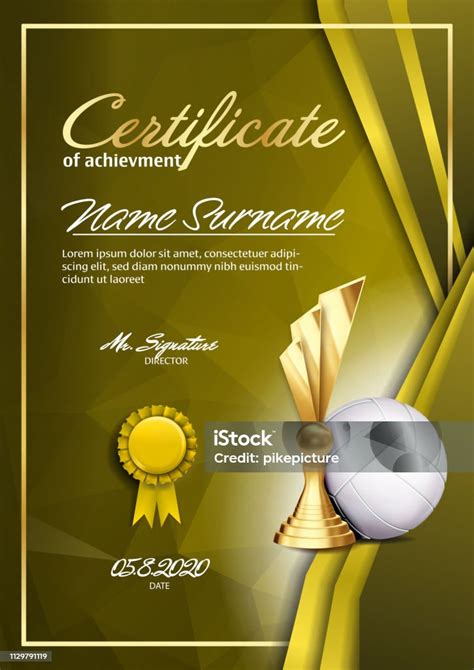 골든 컵 벡터와 배구 게임 인증서 디플로마입니다 스포츠 대학원 챔피언입니다 최고 상금입니다 우승자의 트로피 A4의 수직 일러스트