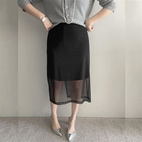 에프레인 도트스커트 시스루스커트 뒷밴딩 미디 망사스커트