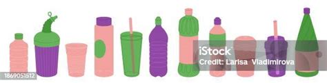 빈 플라스틱 병과 컵 세트 음료 및 기타 액체를 위한 용기 재활용 가능한 포장재 벡터 일러스트 레이 션은 투명 한 배경에 고립되어 있습니다 0명에 대한 스톡 벡터 아트 및