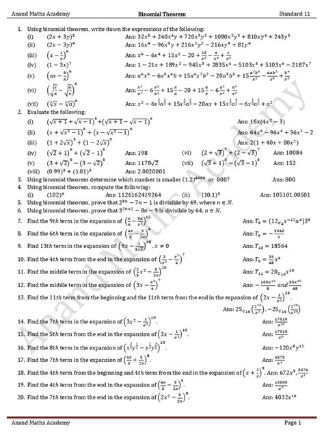Binomial Theorem Worksheet Pdf Mathematics Algebra