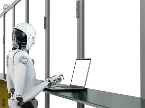 Premium Photo 3d Rendering Robot Working With Notebook In Factory