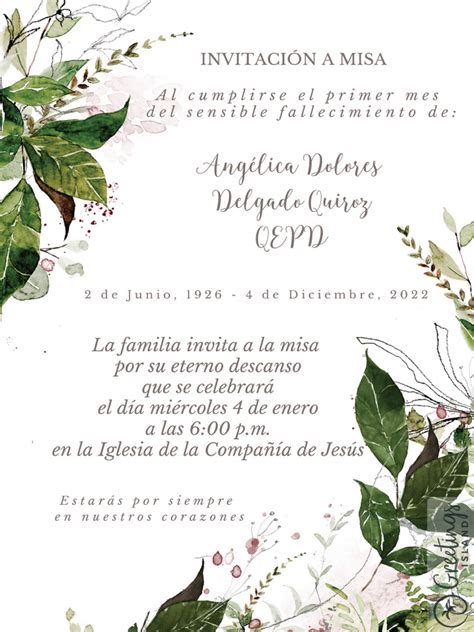 Invitacion A Misa De Mes Angelica Dolores Delgado Quiroz Pdf