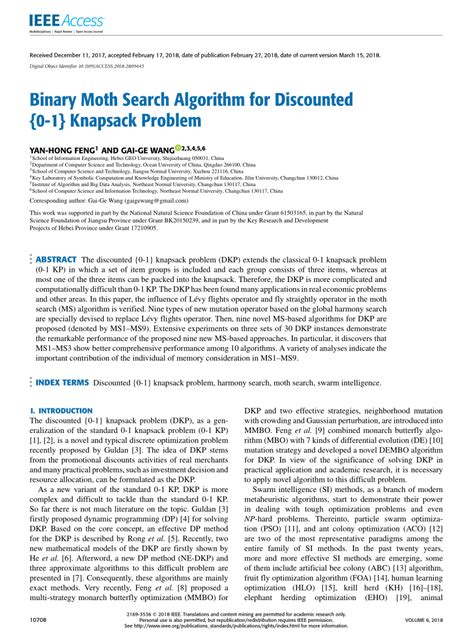 Pdf Binary Moth Search Algorithm For Discounted 0 1 Knapsack Problem