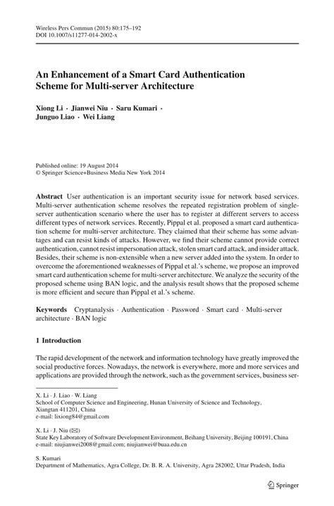 Pdf An Enhancement Of A Smart Card Authentication Scheme For Multi Server Architecture