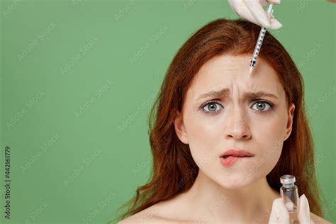 Scared Half Naked Topless Redhead Woman Nude Make Up Visit Doctor Making Mesotherapy Injection