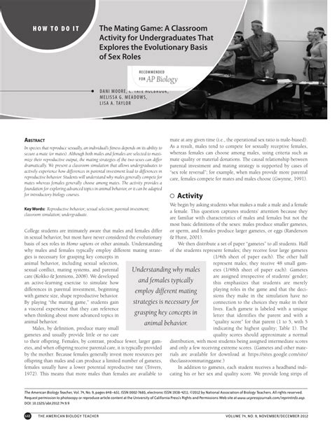 PDF The Mating Game A Classroom Activity For Undergraduates That Explores The Evolutionary