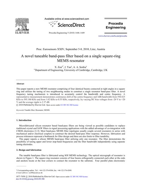 Pdf A Novel Tunable Band Pass Filter Based On A Single Square Ring Mems Resonator