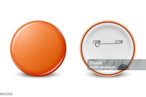 벡터 현실적인 주황색 라운드 빈 빈 단추 배지 세트 근접 촬영은 흰색 배경 앞 뒤 보기에 격리되어 있습니다 버튼 핀 배지 디자인 템플릿입니다 브랜딩용 브로치 핀 모형 3차원